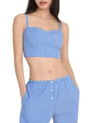 Good American Stripe Crop Poplin Bustier Top - Blue White Stripe