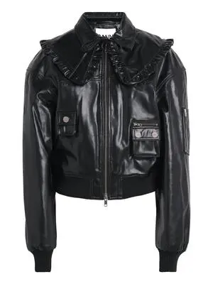 GANNI Recycled Leather Ruffled-collar Jacket - Black