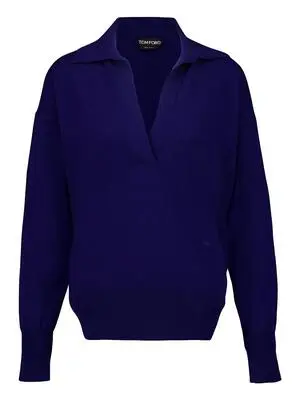 TOM FORD Long Sleeve Cashmere Polo Blue