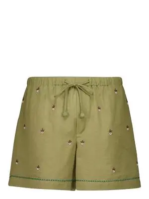BAZISZT Floral Embroidered Cotton Shorts - Green