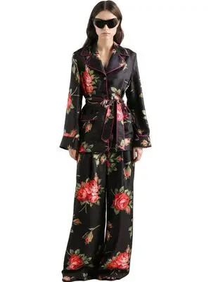 Dolce & Gabbana Rose Bouquet Print Wide Leg Twill Trousers Black
