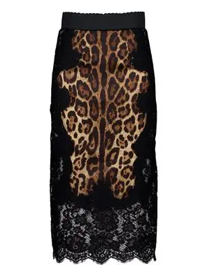 DOLCE & GABBANA Leopard-Print Satin Midi Skirt With Lace Inserts