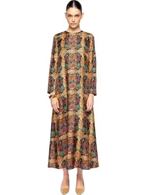 PAULA Dreamframe Print Silk Twill A-Line Maxi Dress Brown