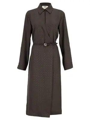Fendi Ff Jacquard Silk Midi Shirt Dress - Brown