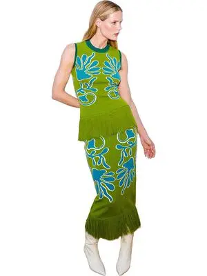 PAULA Jacquard Pencil Skirt With Fringes - Blue