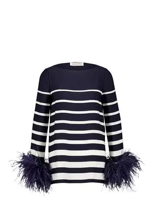 Valentino Garavani Striped Feather-Trimmed Blouse Blue