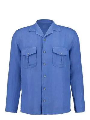 120% Lino Indigo Long-sleeve Linen Shirt With Front Pockets - Blue
