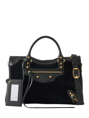 Balenciaga Le City Studded Leather-trimmed Suede Shoulder Bag - Black