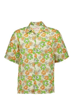 Marni Floral Linen Bowling Shirt Green