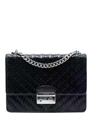 Prada Woven Madras Leather Chain Flap Bag - Black