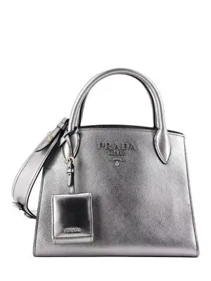 Prada Monochrome Saffiano And City Calf Small Tote Bag Silver