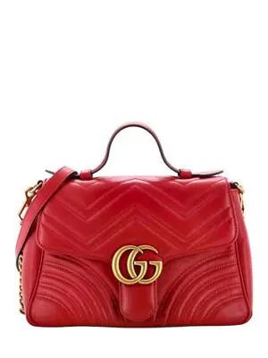Gucci Gg Marmont Top Handle Flap Bag Matelasse Leather Small Satchel - Red