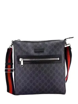 Gucci Web Strap Front Zip Messenger Bag Gg Coated Canvas Medium - Black