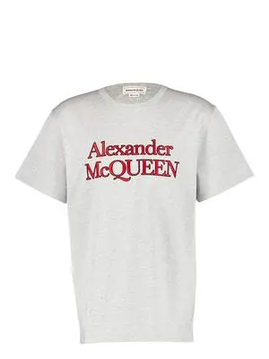 Alexander McQueen Logo Print Pale Grey Cotton T-Shirt White