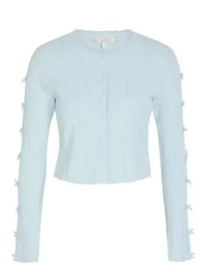 LoveShackFancy Bow-appliquéd Pointelle-knit Cardigan - Light Blue