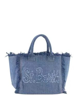 MC2 SAINT BARTH Vanity Fringed Logo Denim Tote - Blue
