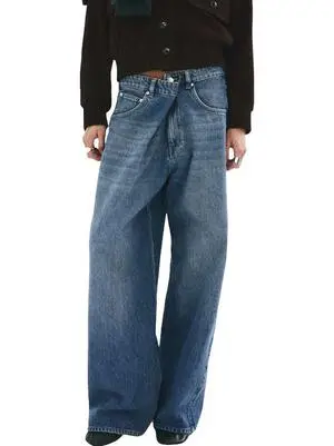 Mango Foldover Mid-Rise Balloon Jeans Medium Blue