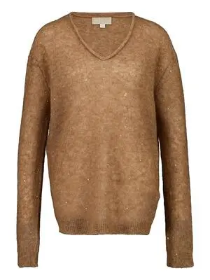 120% Lino Wool-blend Sheer V-neck Top - Brown