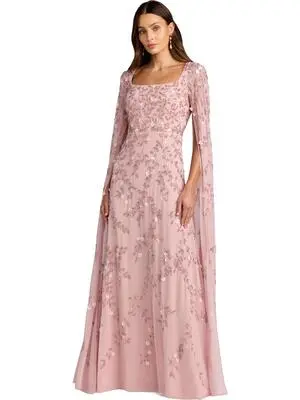 Mac Duggal Floral Embellished Cape Sleeve Gown Pink
