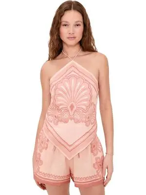 SHANI SHEMER Shani Shemer Rosa Halter Neck Linen Top Pink Shell Print