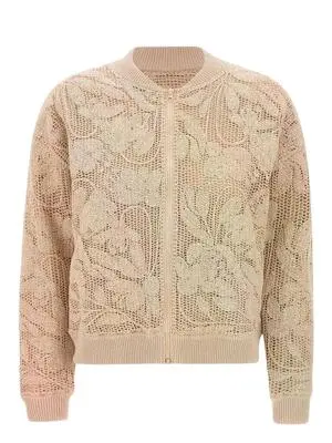 KANGRA Floral Embroidery Zip Bomber Jacket - Neutrals