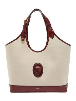 Versace Large Leather And Canvas Tote Bag - Beige