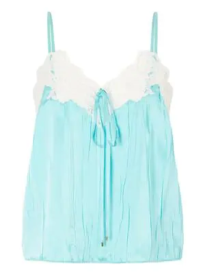 Chloé Lace-Trimmed Crinkled Silk-Satin Top Blue
