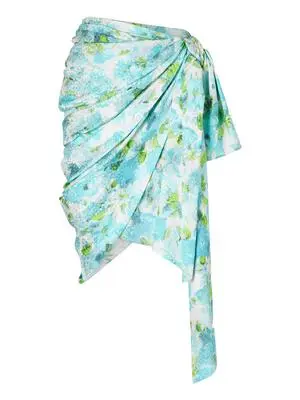 Chloé Floral-print Silk-jacquard Draped Midi Skirt - Blue