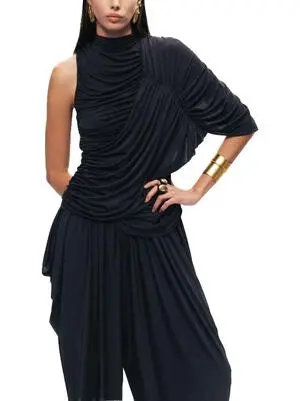 NOCTURNE Asymmetric Draped Blouse - Black
