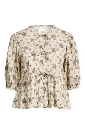 Antik Batik Light Cotton Floral Print Peplum Shirt - Grey