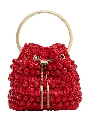 JIMMY CHOO Bon Bon Small Beaded Raffia Bucket Bag - Red