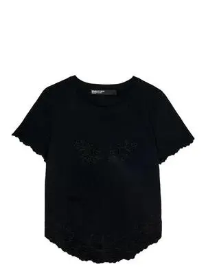 Bimba Y Lola Floral-embroidered Scalloped-trimmed T-shirt - Black