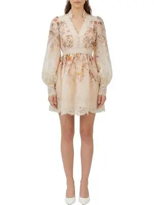 Zimmermann Floral Print Linen And Silk Mini Dress - Beige