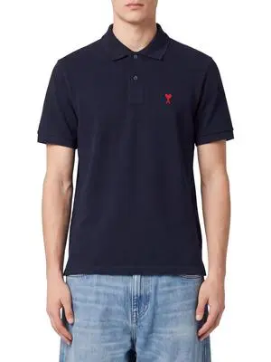 AMI Paris Short-sleeved Polo Shirt In Organic Cotton With Embroidered Logo Blue