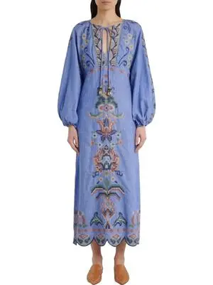 Farm Rio Garden Tapestry Embroidered Linen Midi Dress - Blue