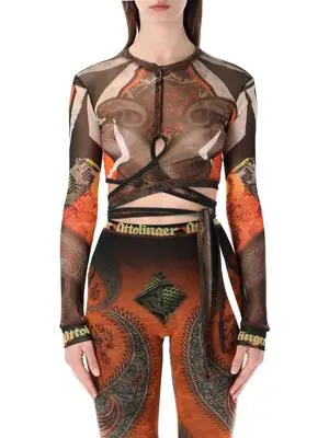 Ottolinger Sheer Printed Mesh Top With Wrap Tie - Brown
