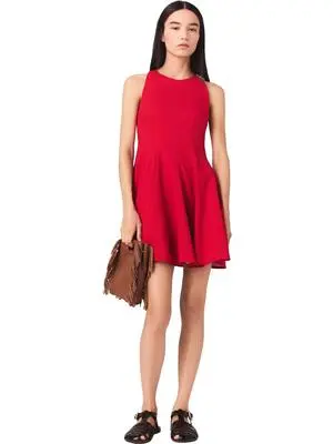 Maje Short Halterneck Flared Linen-blend Dress With Gold Brooch - Red