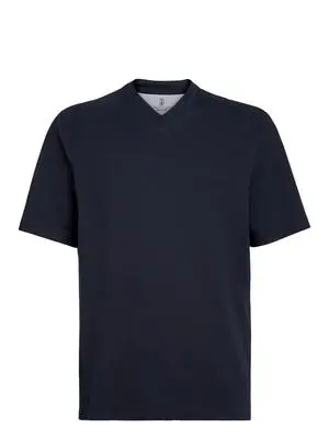 Brunello Cucinelli Cotton Jersey V-neck T-shirt - Blue