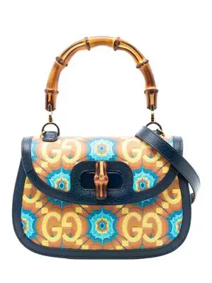 Gucci 2016-2025 100th Anniversary Medium Gg Coated Canvas 1947 Bamboo Top Handle Satchel - Blue
