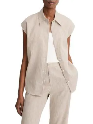Vince Ticking Linen-cotton Cap-sleeve Blouse - Stripe