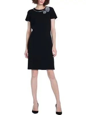 EMILY SHALANT Rhinestone Floral Cocktail Shift Dress - Black