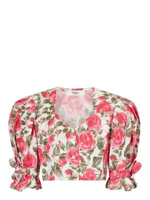Chloé Cropped Floral-print Cotton-poplin Top - Pink