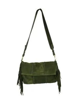 Carlos Falchi Suede Fringe Crossbody Messenger Bag - Olive