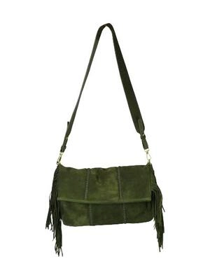Carlos Falchi Suede Fringe Crossbody Messenger Bag - Olive