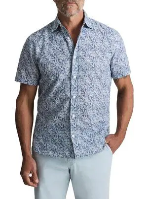 34 Heritage Palm Print Short Sleeve Cotton & Linen Button-up Shirt - Indigo