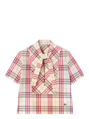 Burberry Cropped Check Cotton Blouse With Scarf Detail - Neutrals