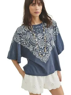 Free People We The Free Heirloom Printed Tee - Navy Combo