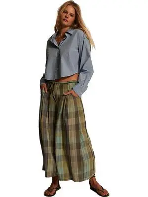 Free People Telluride Wide-leg Crop Pull-on Madras Pants - Army Combo