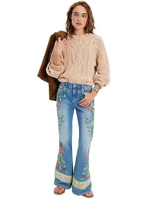 DRIFTWOOD Embroidered Flare Jeans - Gardenia Foulard