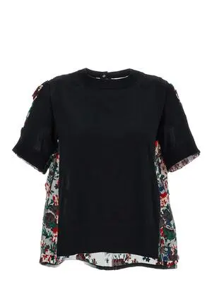 Sacai Short-Sleeve Top With Floral Embroidery Nero